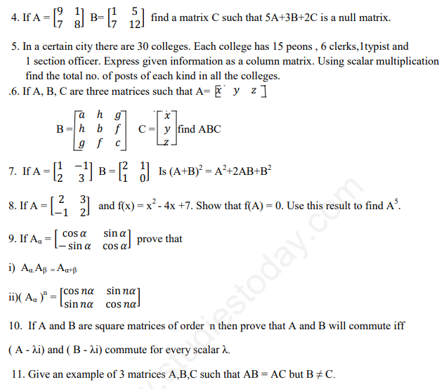 CBSE Class 12 Mathematics Matrices and Determinants Assignment Set C CBSE Class 12 Mathematics Matrices and Determinants Assignment Set C